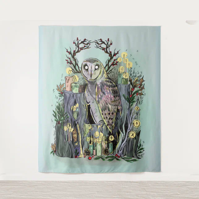 Yule Winter Solstice Barn Owl With Runes Tapestry | Zazzle