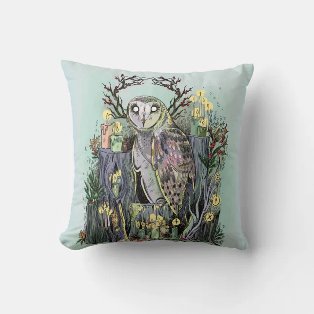 Yule Winter Solstice Barn Owl With Runes Throw Pillow | Zazzle