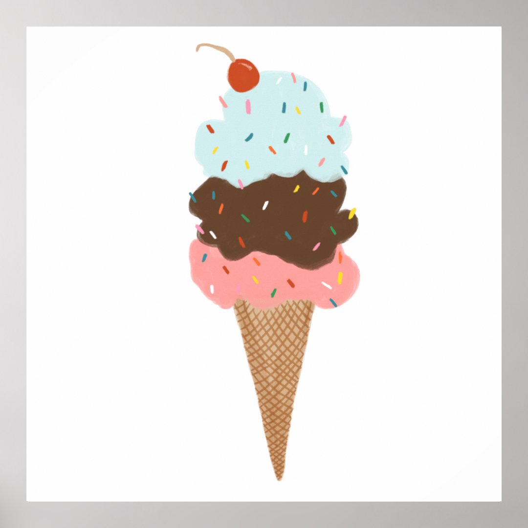 Yummy ice cream cone triple scoop poster | Zazzle