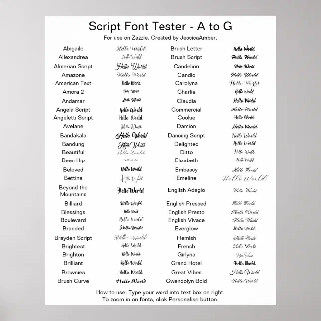 Zazzle Script Font Comparison A - G Poster | Zazzle