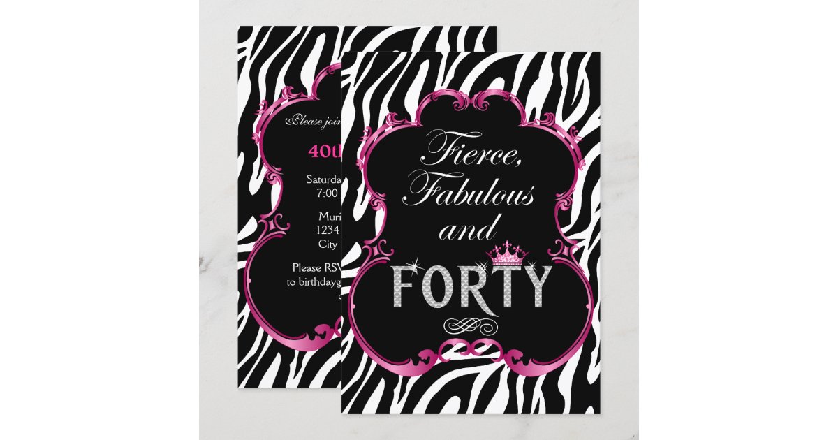 Zebra 40 and Fabulous Bling Birthday Invitation | Zazzle