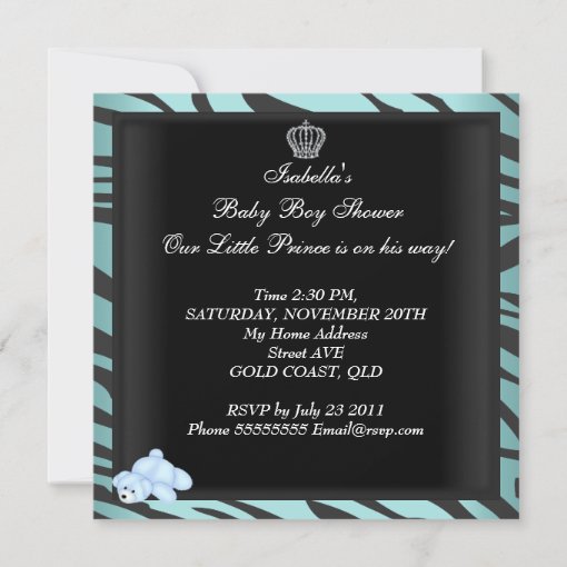 Zebra Baby Shower Boy Blue Black Crown Prince Invitation | Zazzle