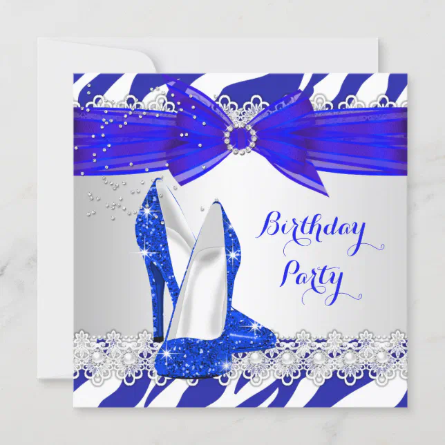 Zebra Blue White Blue Heel Lace Pearl Birthday Invitation | Zazzle