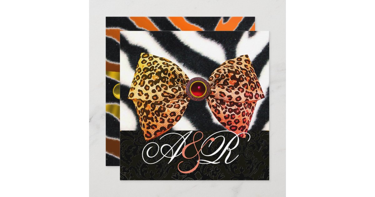 ZEBRA FUR,LEOPARD SKIN BOW ,BLACK DAMASK MONOGRAM INVITATION | Zazzle