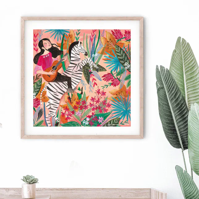 Zebra & girl bright pink tropical jungle Poster | Zazzle