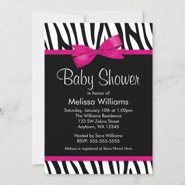 Zebra Hot Pink Printed Bow Baby Shower Invitation | Zazzle