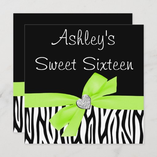 Zebra Lime Green Bow Diamond Sweet 16 Invitations | Zazzle
