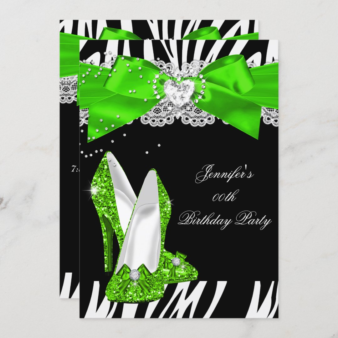 Zebra Lime Green Glitter High Heel Shoe Birthday Invitation | Zazzle