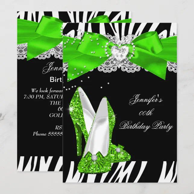 Zebra Lime Green Glitter High Heel Shoe Birthday Invitation | Zazzle