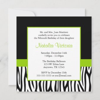 Zebra Lime Green Photo Quinceanera Invitations | Zazzle