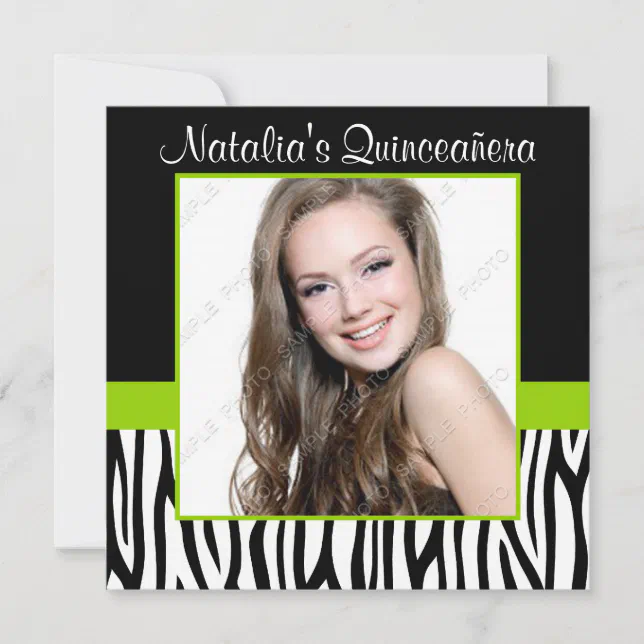 Zebra Lime Green Photo Quinceanera Invitations | Zazzle