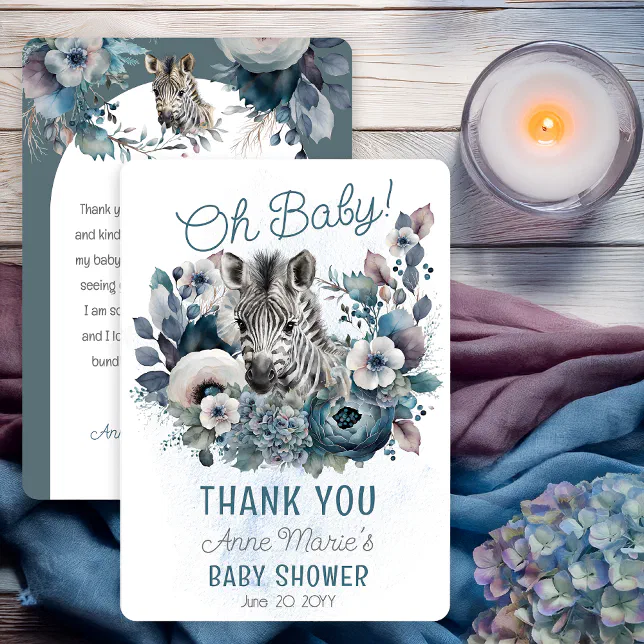 Zebra Oh Baby Blue Floral Baby Shower Thank You Card | Zazzle