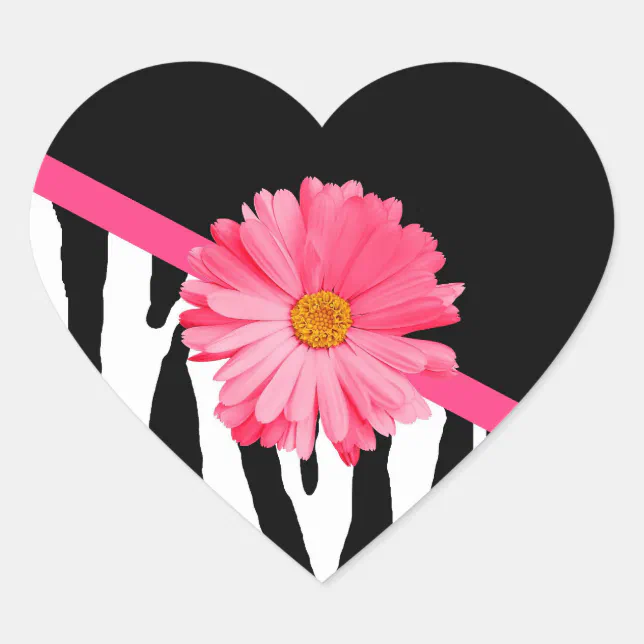 Zebra Pattern Girly Pink Daisy Heart Sticker | Zazzle
