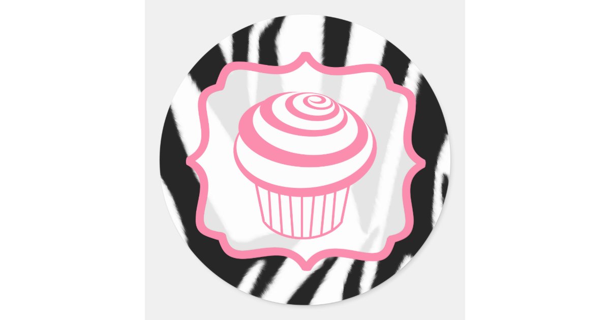 Zebra Print and Pink Cupcake Birthday Sticker | Zazzle