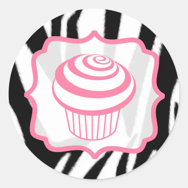 Zebra Print and Pink Cupcake Birthday Sticker | Zazzle