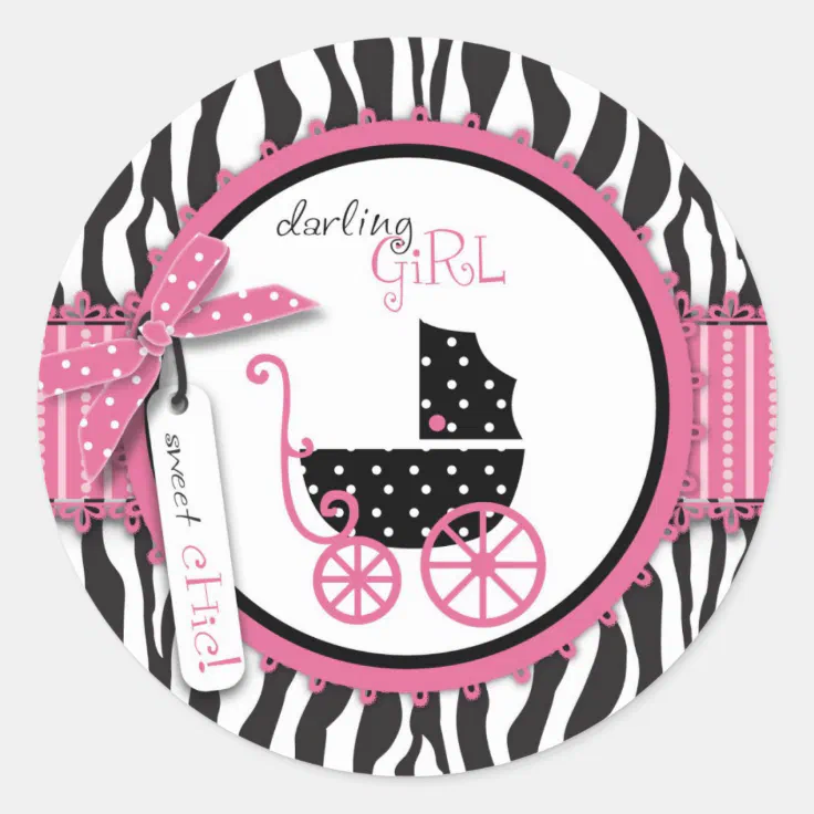 Zebra Print & Baby Carriage Baby Shower Classic Round Sticker | Zazzle