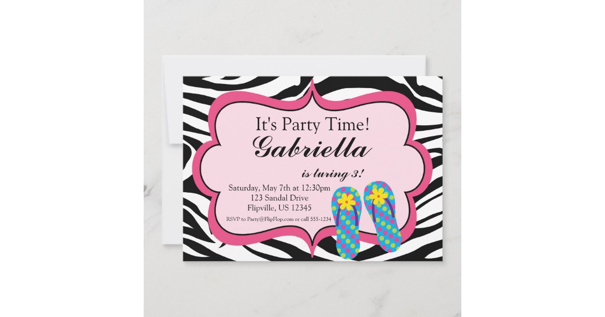 Zebra Print Flip Flop Birthday Party Invitation | Zazzle
