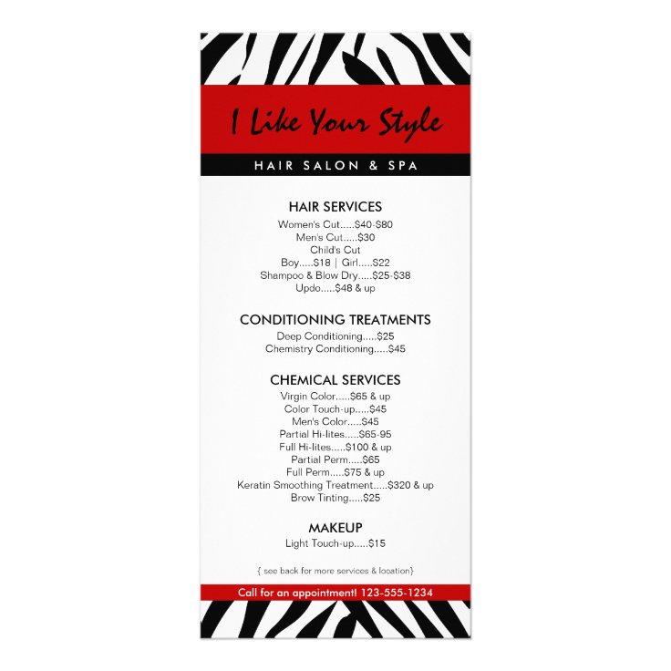 Zebra Print, Hair Salon Price List Rack Card | Zazzle