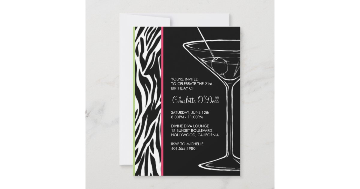 zebra print martini birthday party invitation | Zazzle