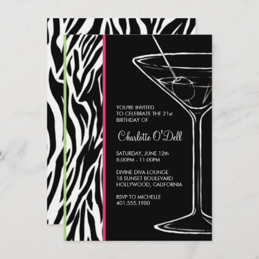 zebra print martini birthday party invitation | Zazzle