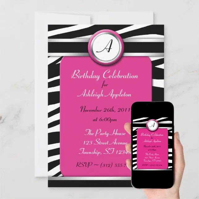 Zebra Print Monogram Fuchsia Birthday Invitations | Zazzle