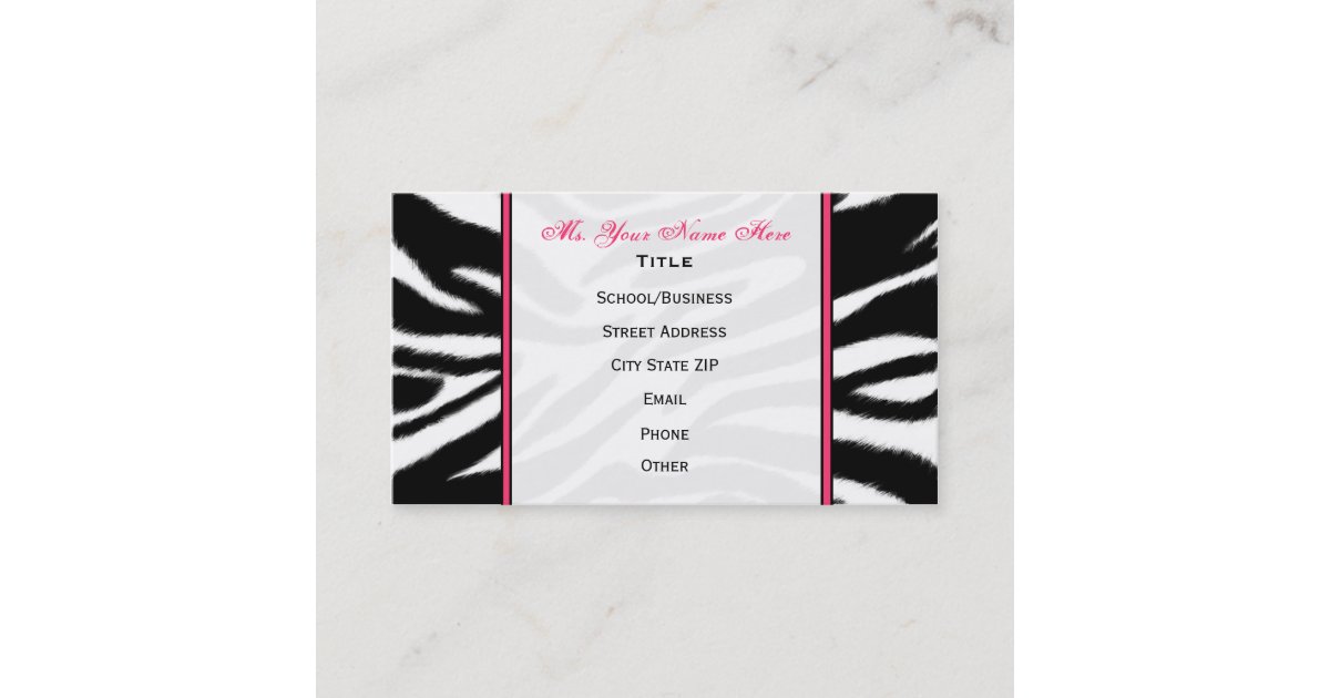 Zebra Print / Pink Teacher Fashion Business Card | Zazzle
