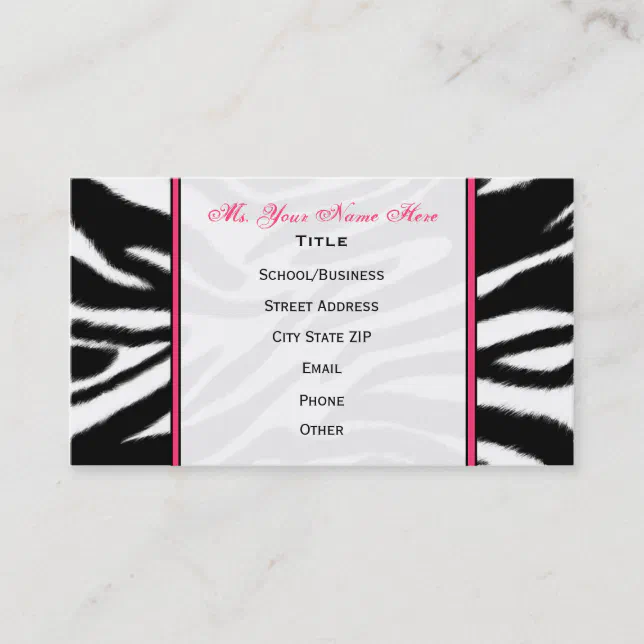 Zebra Print / Pink Teacher Fashion Business Card | Zazzle
