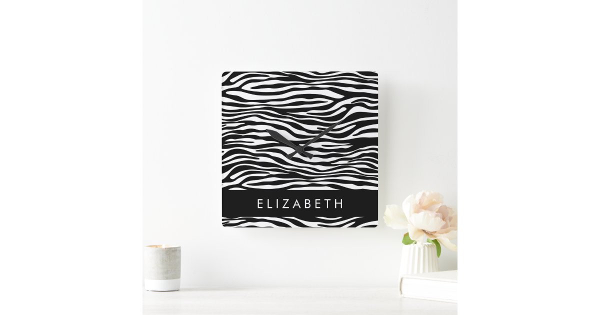Zebra Print, Stripes, Black And White, Your Name Square Wall Clock | Zazzle