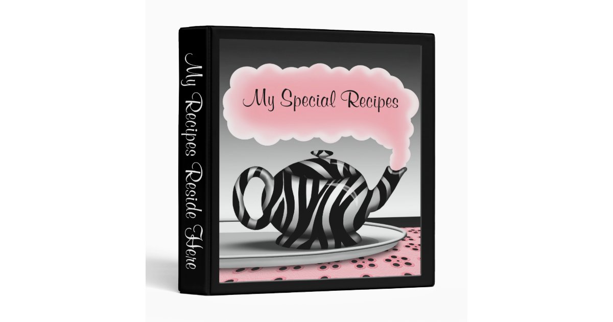 Zebra Print Teapot - Pink & Black Recipe Binder | Zazzle