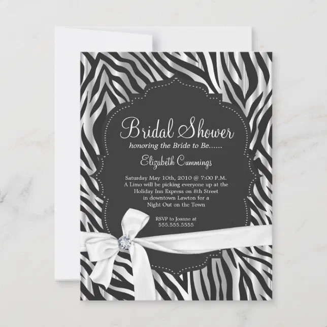 Zebra Print White Ribbon & Diamond Fashion Bridal Invitation | Zazzle