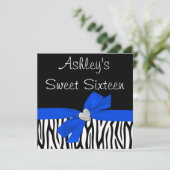 Zebra Royal Blue Bow Diamond Sweet 16 Invitations | Zazzle