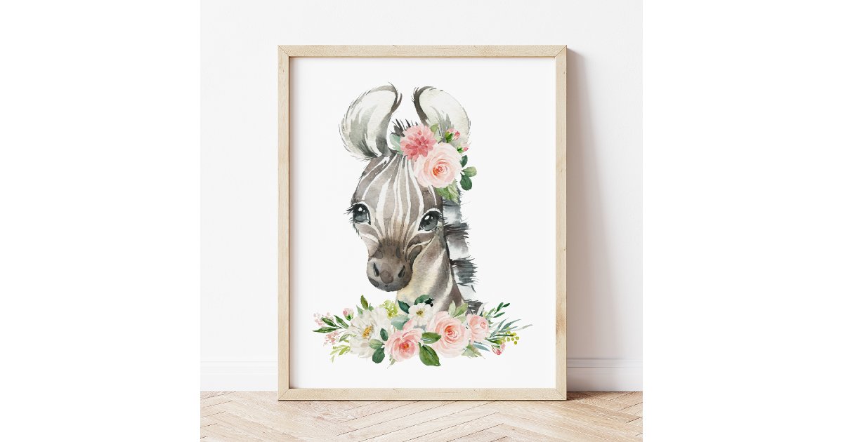 Zebra, Safari, Jungle, Pink Flowers, Girl Nursery Poster | Zazzle