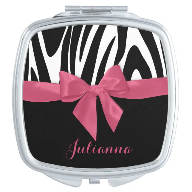 Zebra Stripes and Pink Ribbon with Name Makeup Mirror | Zazzle