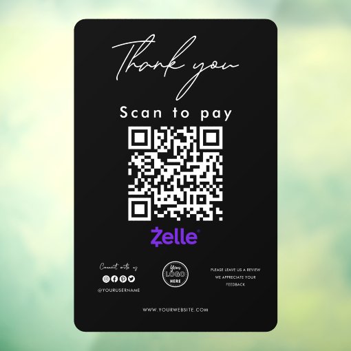 Zelle QR Code Logo Scan to Pay Thank you Black Window Cling | Zazzle
