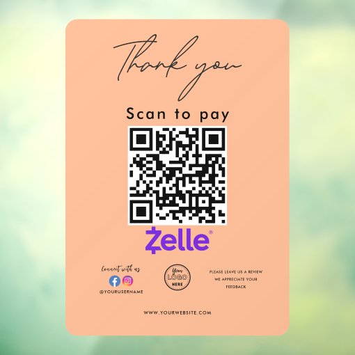 Zelle QR Code Logo Thank you Scan to Pay Window Cling | Zazzle