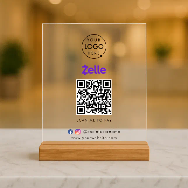 Zelle QR Code Payment | Scan to Pay Business Logo Acrylic Sign | Zazzle