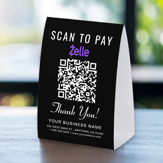 Zelle QR Code Scan To Pay Black Paper Table Tent | Zazzle