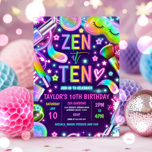 Zen At Ten Neon Glow Spa Makeup 10th Birthday Invitation | Zazzle