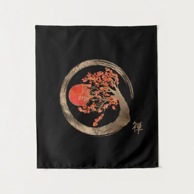 Zen Enso Circle and Golden Sakura Tree Tapestry | Zazzle