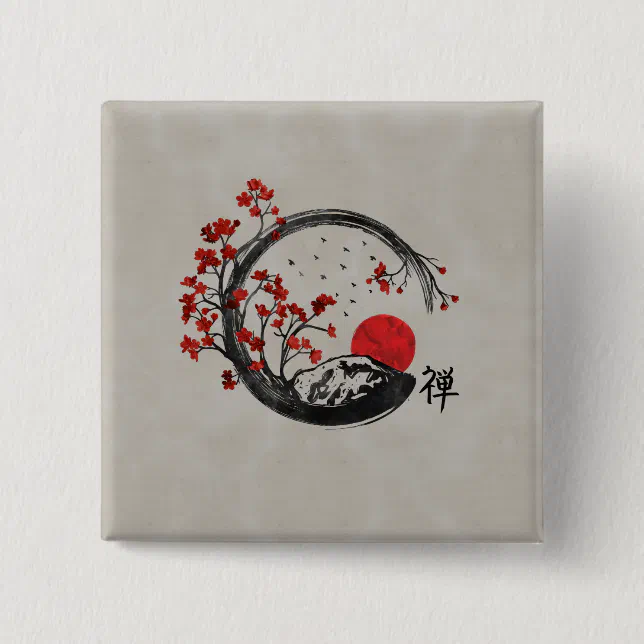 Zen Enso Circle and Sakura Branches Button | Zazzle