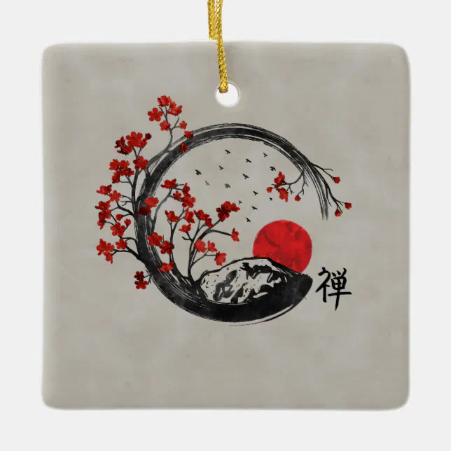 Zen Enso Circle and Sakura Branches Ceramic Ornament | Zazzle