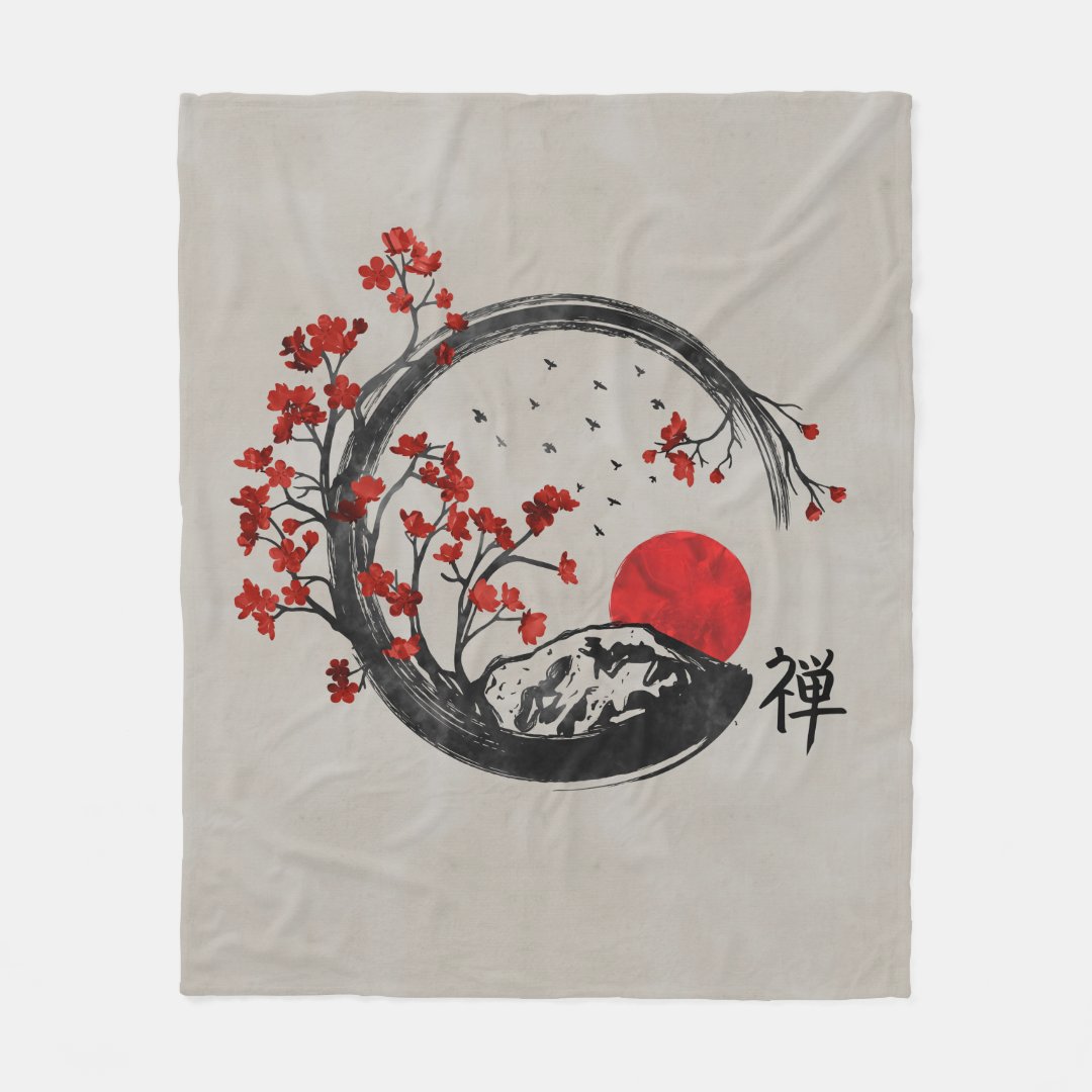 Zen Enso Circle and Sakura Branches Fleece Blanket | Zazzle