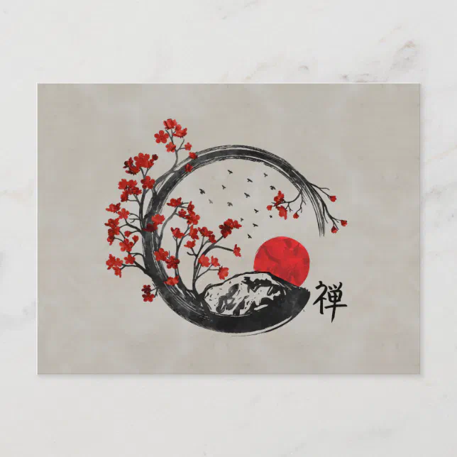 Zen Enso Circle and Sakura Branches Holiday Postcard | Zazzle