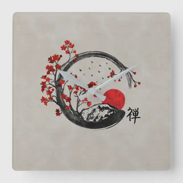 Zen Enso Circle and Sakura Branches Square Wall Clock | Zazzle