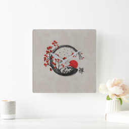 Zen Enso Circle and Sakura Branches Square Wall Clock | Zazzle