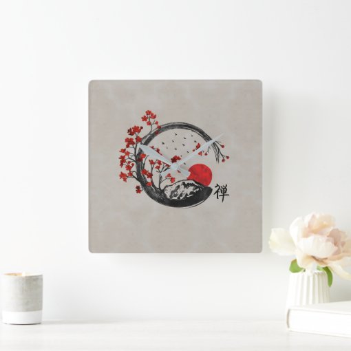 Zen Enso Circle and Sakura Branches Square Wall Clock | Zazzle
