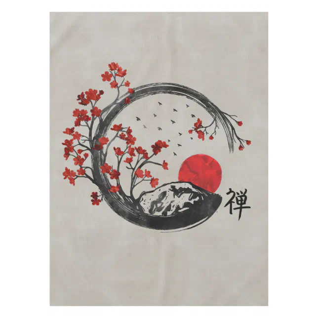 Zen Enso Circle and Sakura Branches Tablecloth | Zazzle