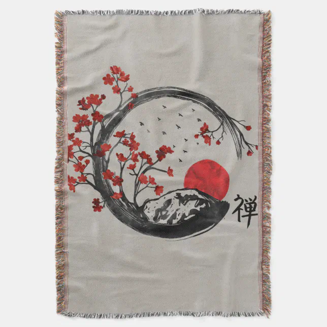 Zen Enso Circle and Sakura Branches Throw Blanket | Zazzle