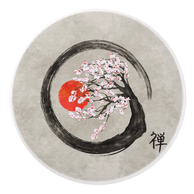 Zen Enso Circle and Sakura Tree on Canvas Ceramic Knob | Zazzle