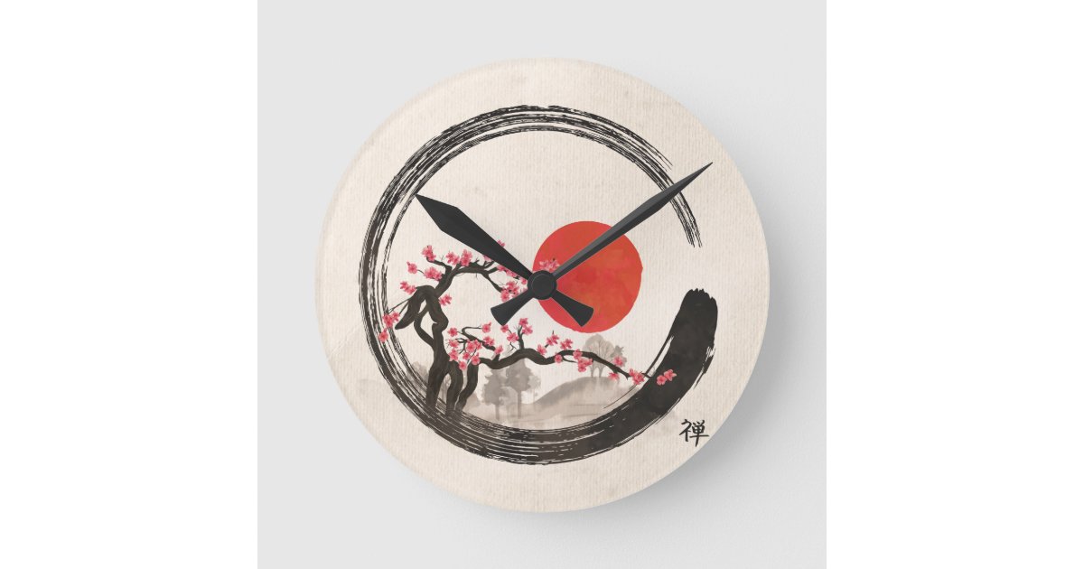 Zen Enso Circle and Sakura Tree Round Clock | Zazzle